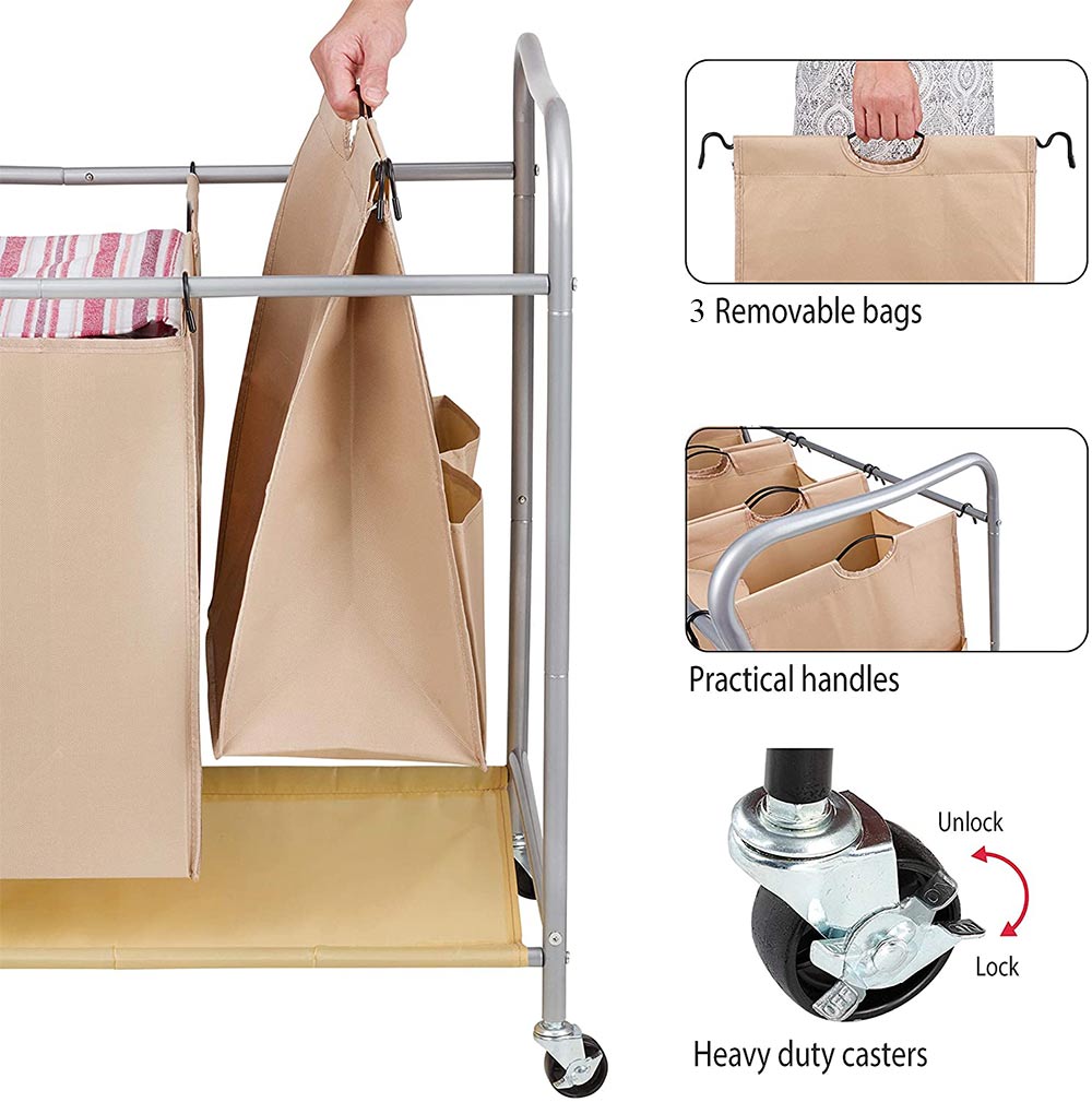 Rolling Laundry Hamper 3 Bags with Iron Board